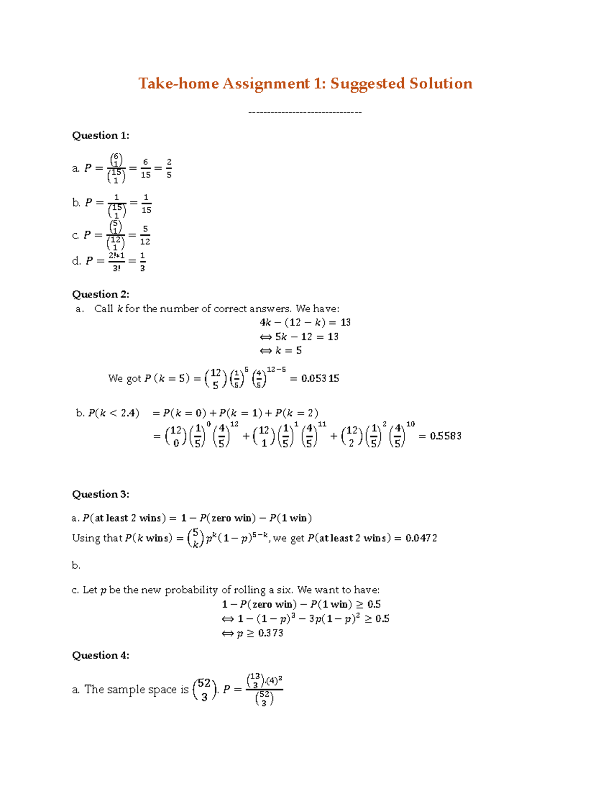 Assignment 1 - Suggested Solution - Take-home Assignment 1: Suggested ...