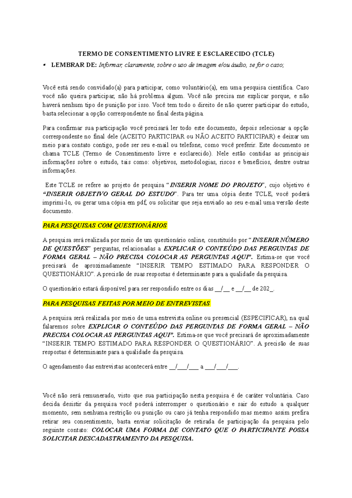 Modelo de Termo de Consentimento Livre e Esclarecido para Pesquisas ...