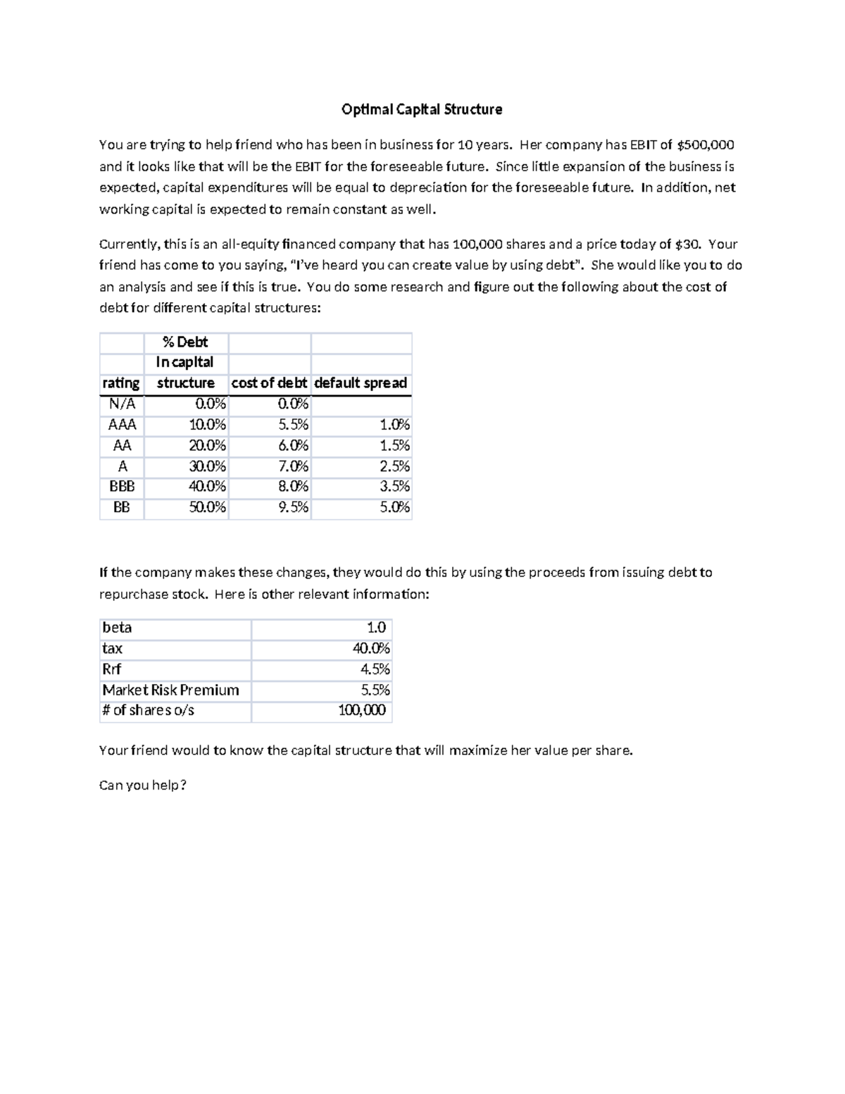 Optimal Capital Structure In-Class Exercise - Optimal Capital Structure ...