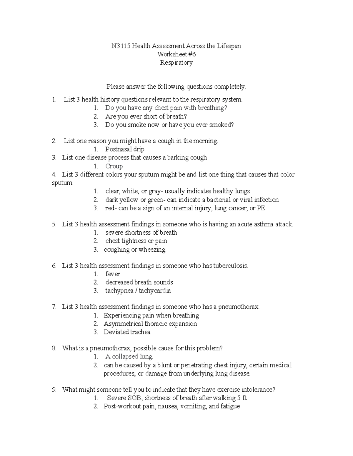 Worksheet #6 Respiratory - N3115 Health Assessment Across the Lifespan ...