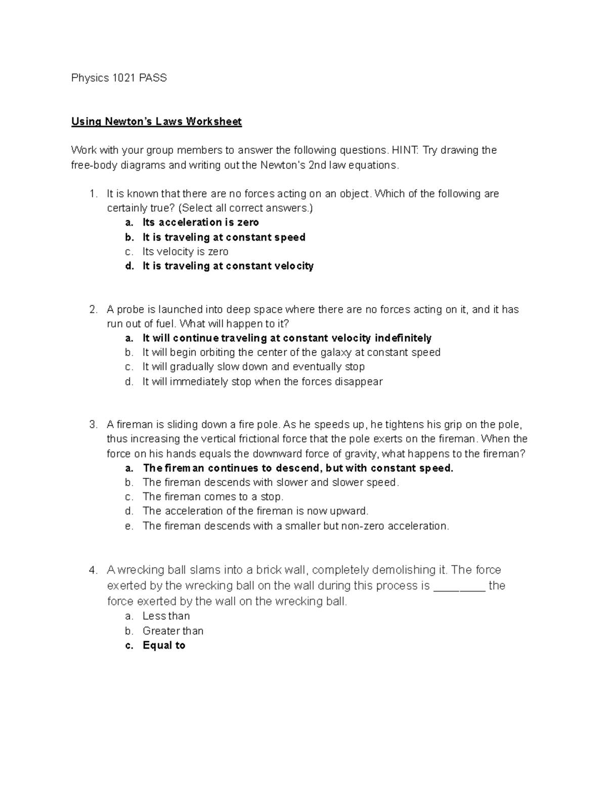 Unit 4 Using Newtons Laws Worksheet Key Physics 1021 Pass Using Newtons Laws Worksheet