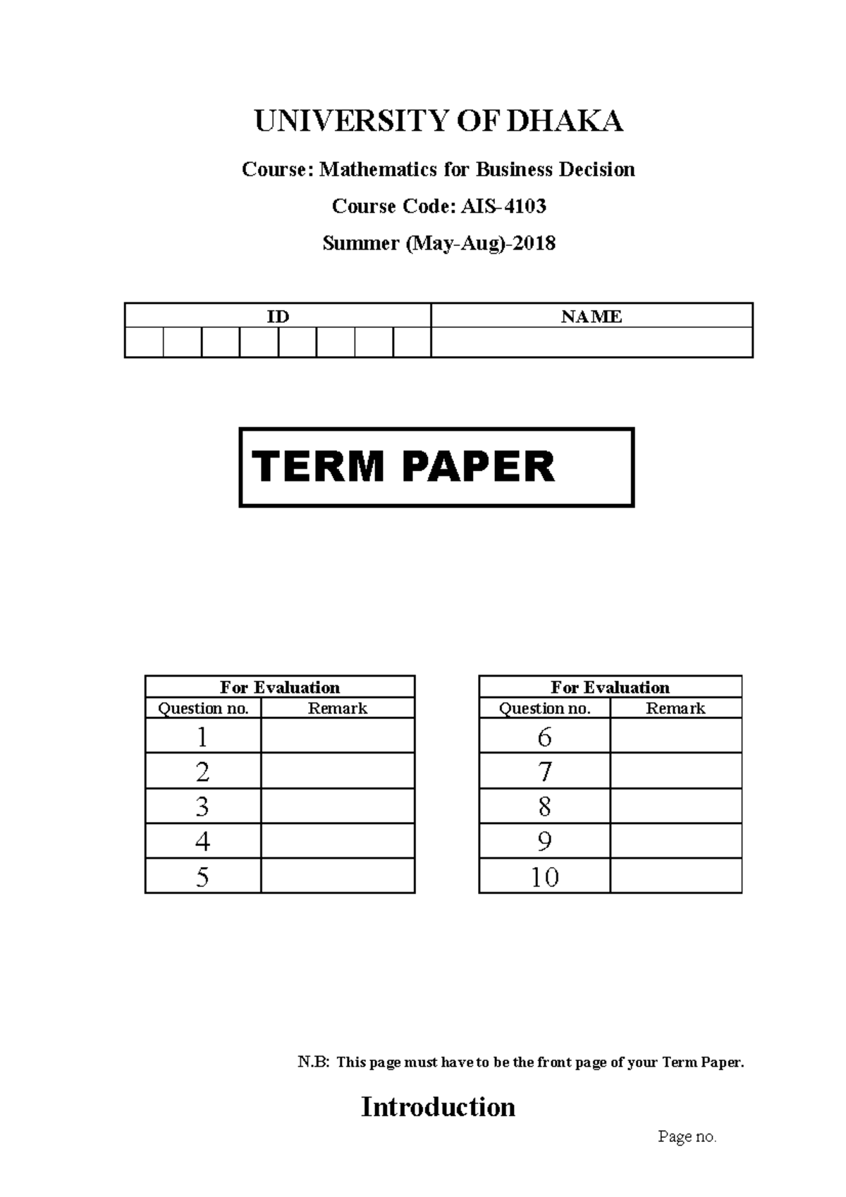 EMBA DU Math Term Paper summer-18 - UNIVERSITY OF DHAKA Course ...