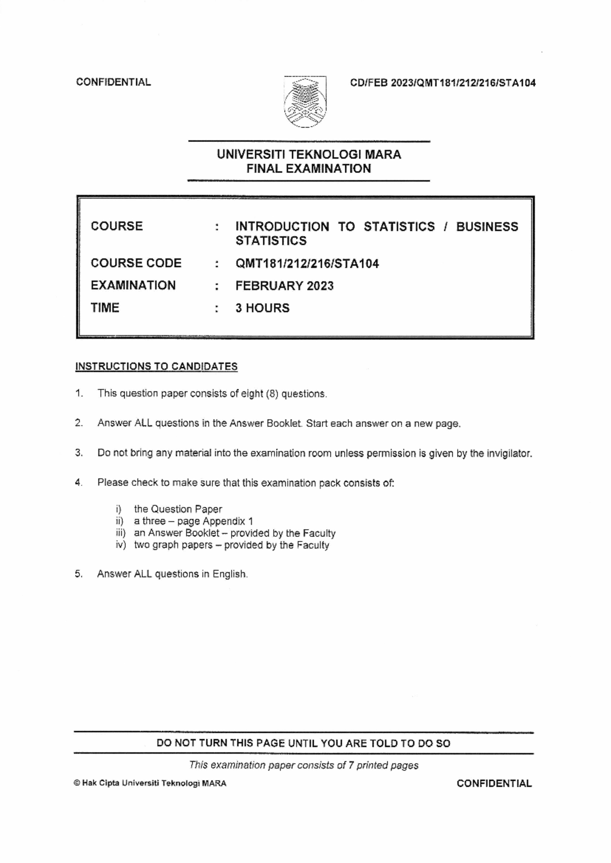 EXAM Question FEB2023 STA104 - CONFIDENTIAL UNIVERSITI TEKNOLOGI MARA ...