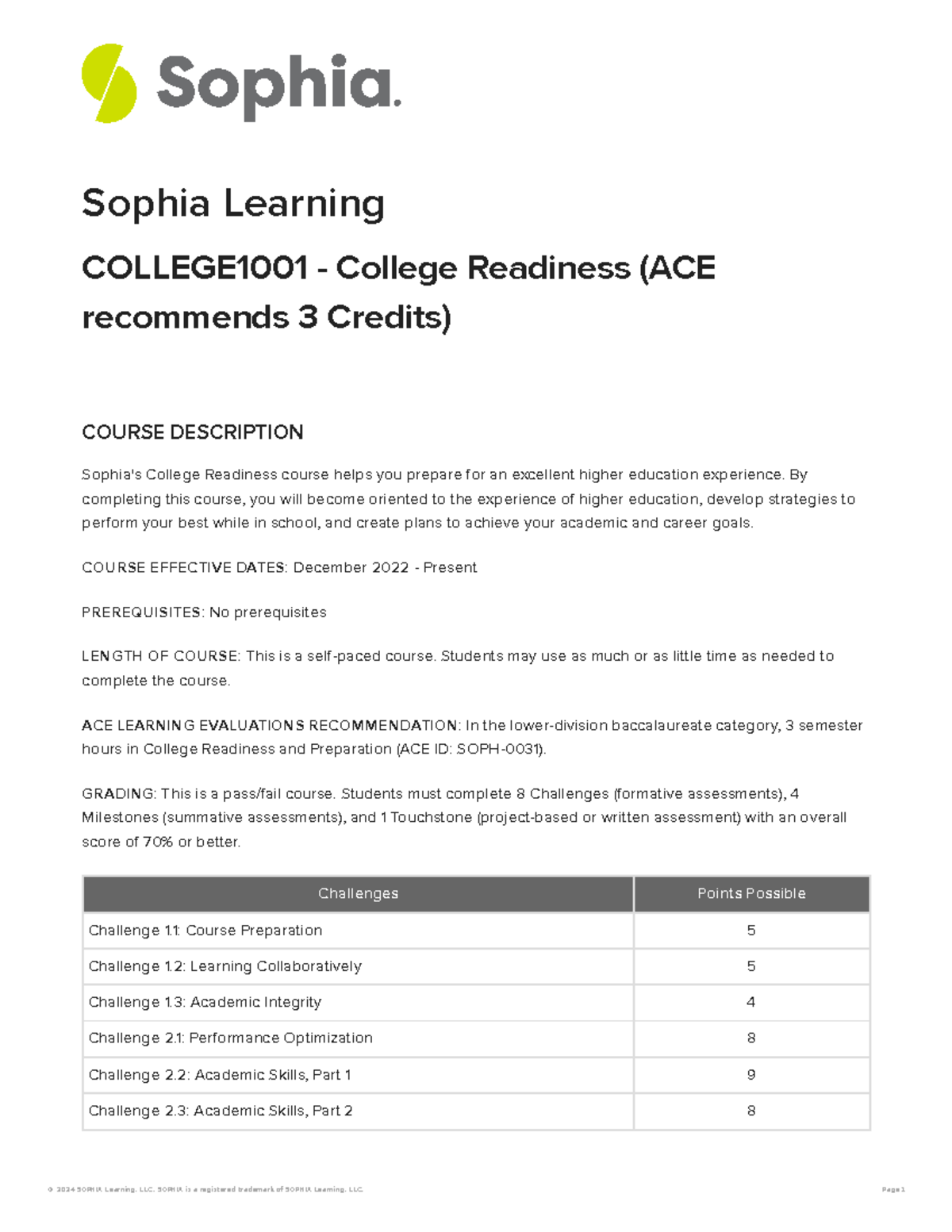 Sophia college readiness syllabus - Sophia Learning COLLEGE1001 ...