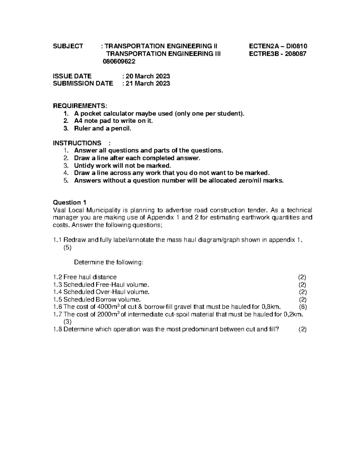 Progress Test 1 - Notes for transportation 2 - SUBJECT : TRANSPORTATION ...