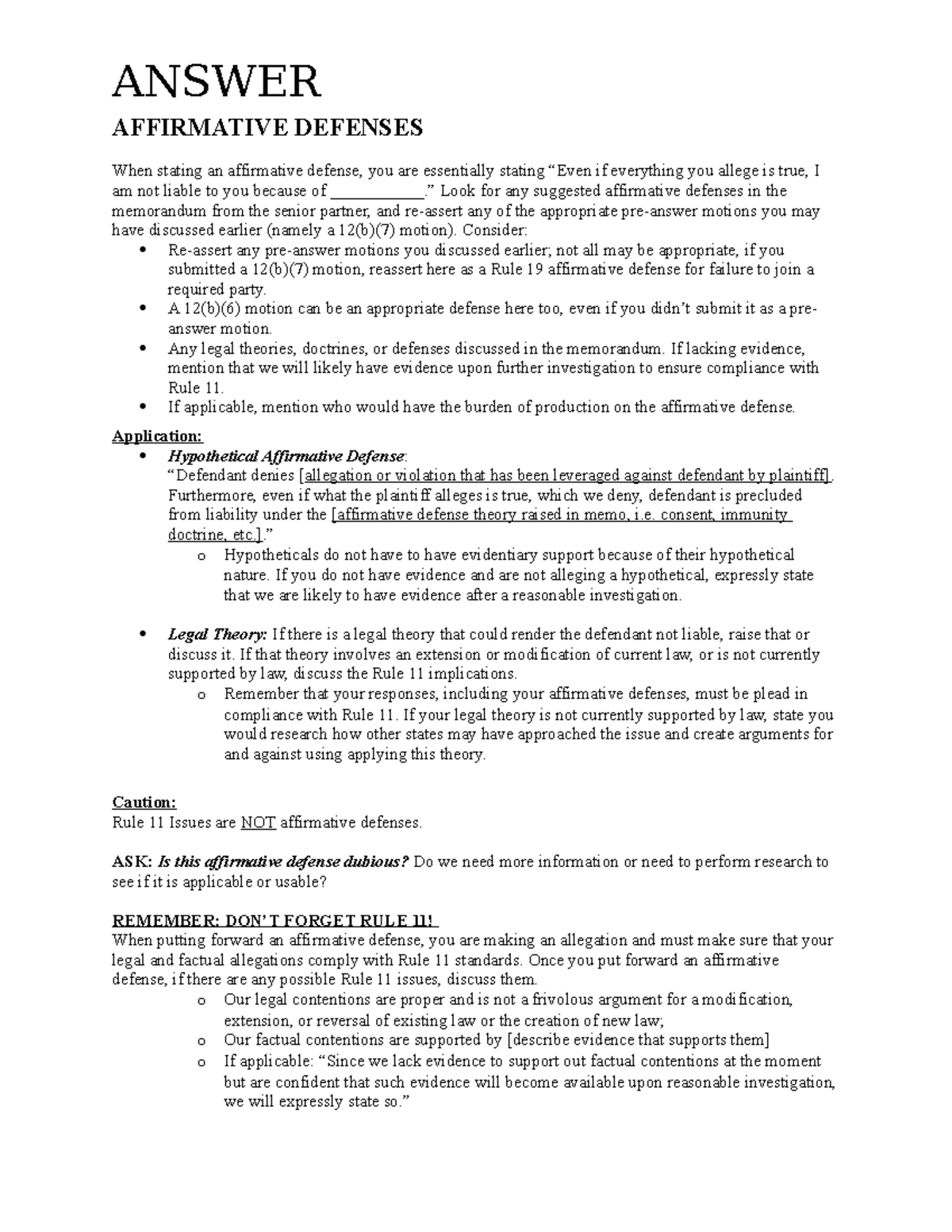 Lecture notes on meaning of Affirmative Defenses - LAW 8521 - UMKC ...