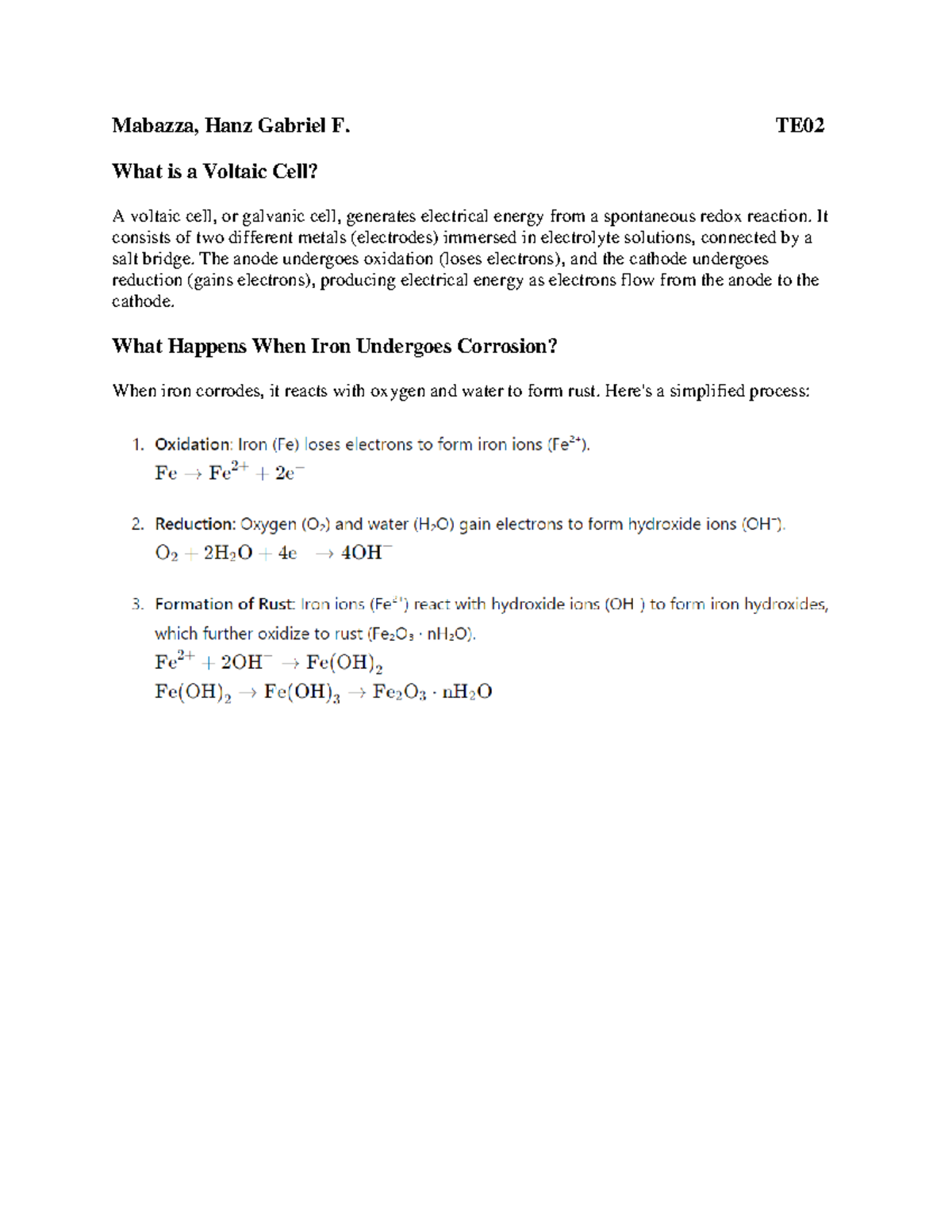 Lab 8 - Labratory report Chem 2 - Mabazza, Hanz Gabriel F. TE What is a ...