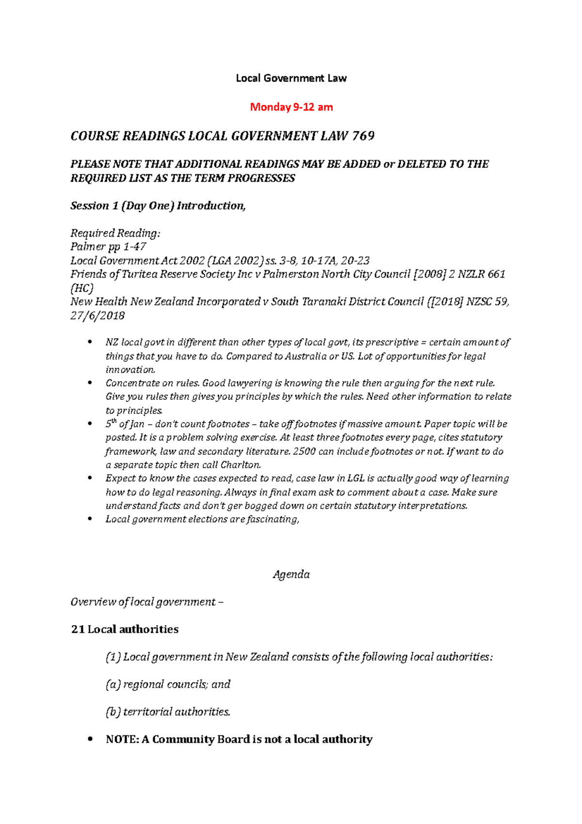 Local Government Law - In Class Notes - Local Government Law Monday 9 ...