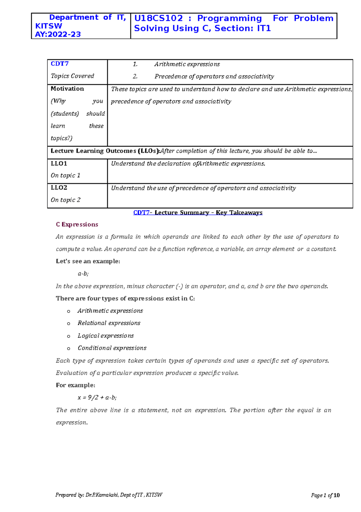 CDT7 - Very important notes - Prepared by: Dr.P, Dept of IT , KITSW ...