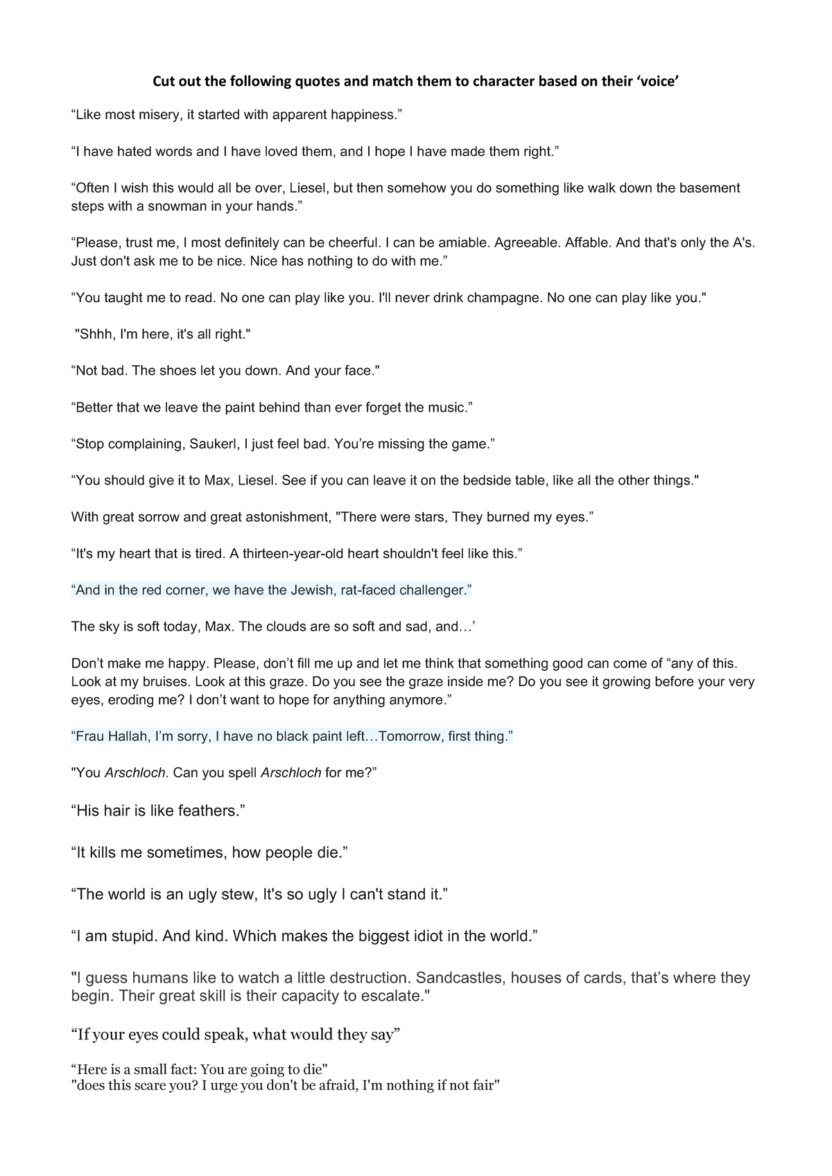 Book Thief Quotes Voice Activity - Cut out the following quotes and ...