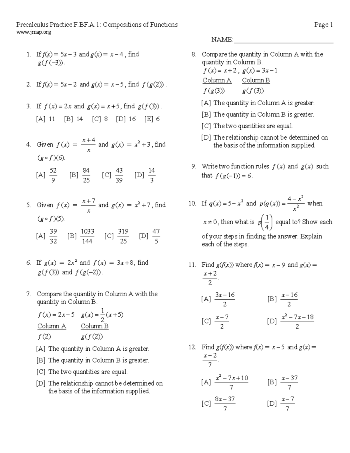 F.BF.A - Precalculus Practice F.BF.A: Compositions of Functions Page 1 jmap - Studocu
