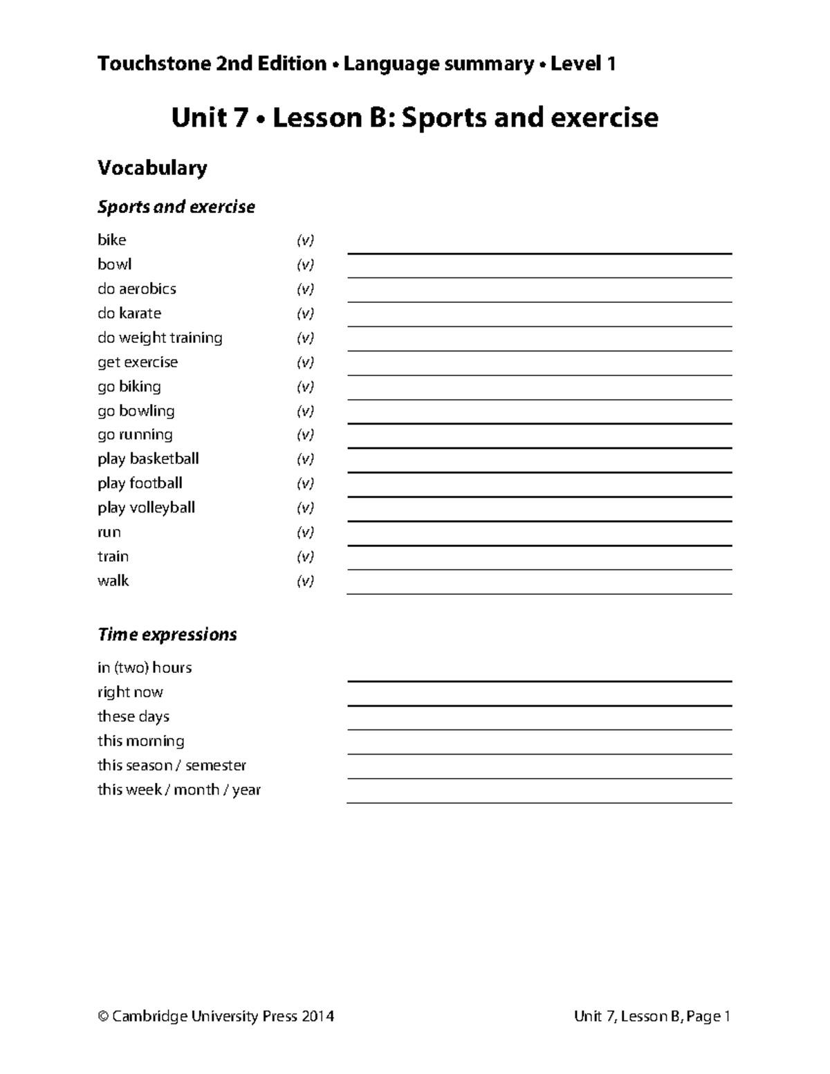 TS2e L1 U7 LB Langsum - lesiones de igles - Touchstone 2nd Edition • Language summary • Level 1 ...
