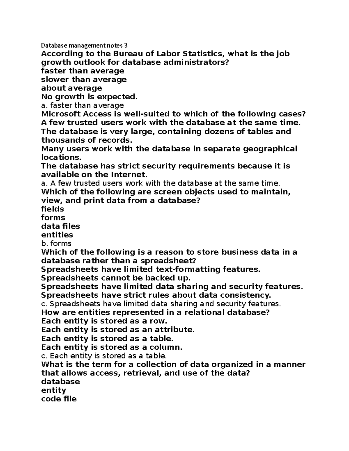 Database management notes 3 - a. faster than average Microsoft Access ...