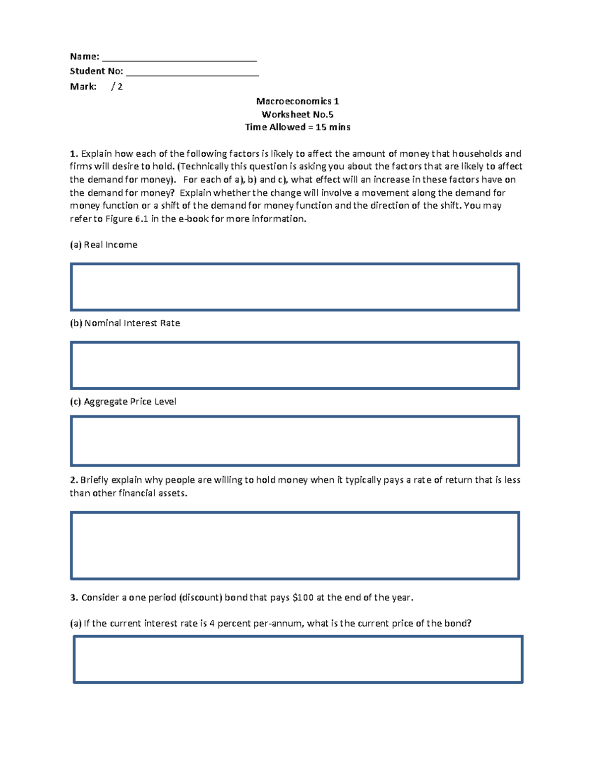 Worksheet No 5 2021 - Name: _____________________________ Student No