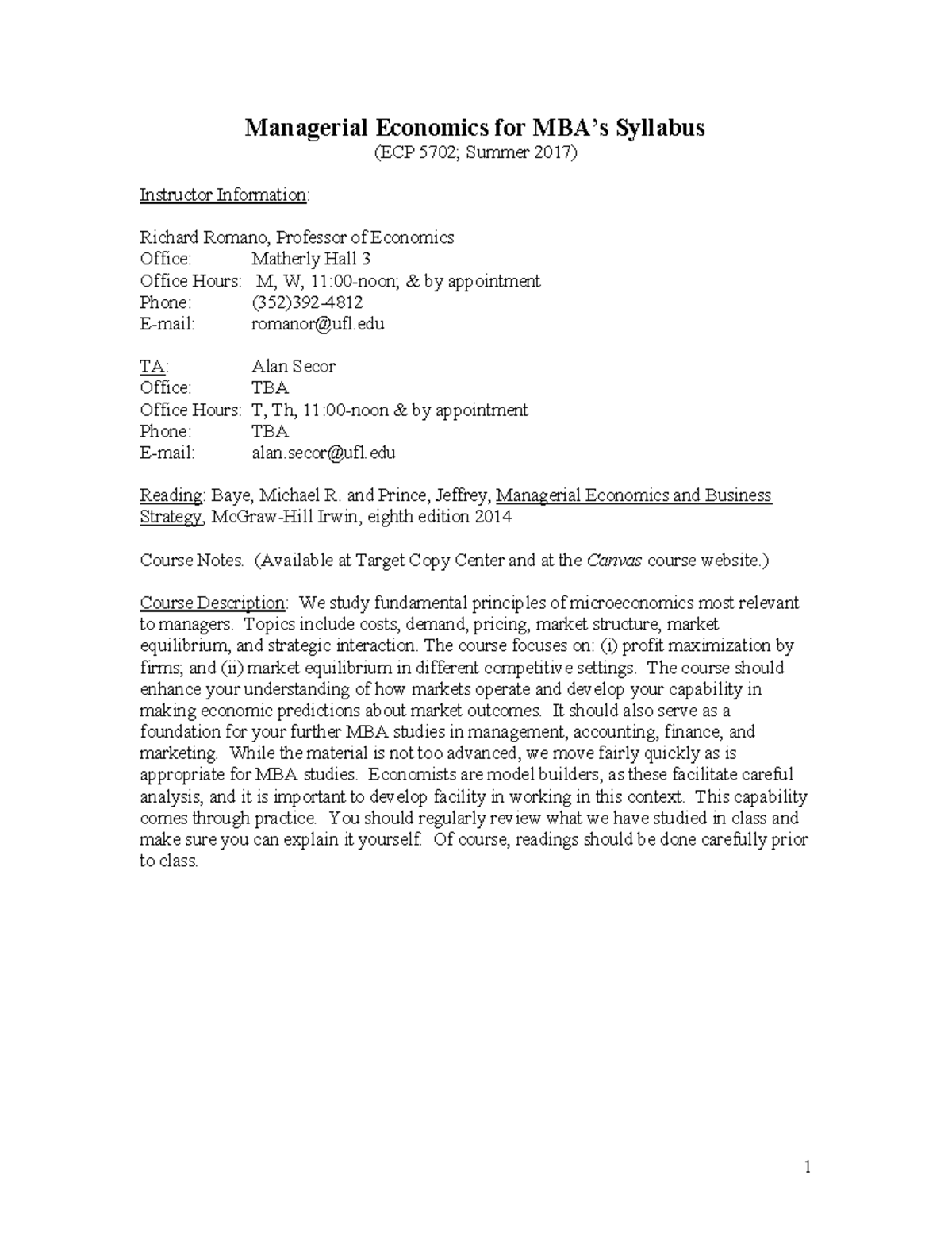 Managerial-Economics - Managerial Economics for MBA’s Syllabus (ECP 5702; Summer 2017 ...