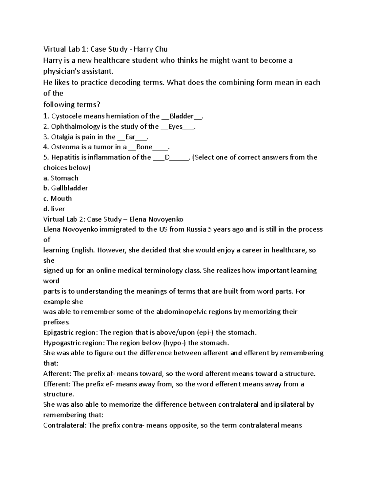 AHP 105 - Week 1 Online Lab, Case Studies - Virtual Lab 1: Case Study ...