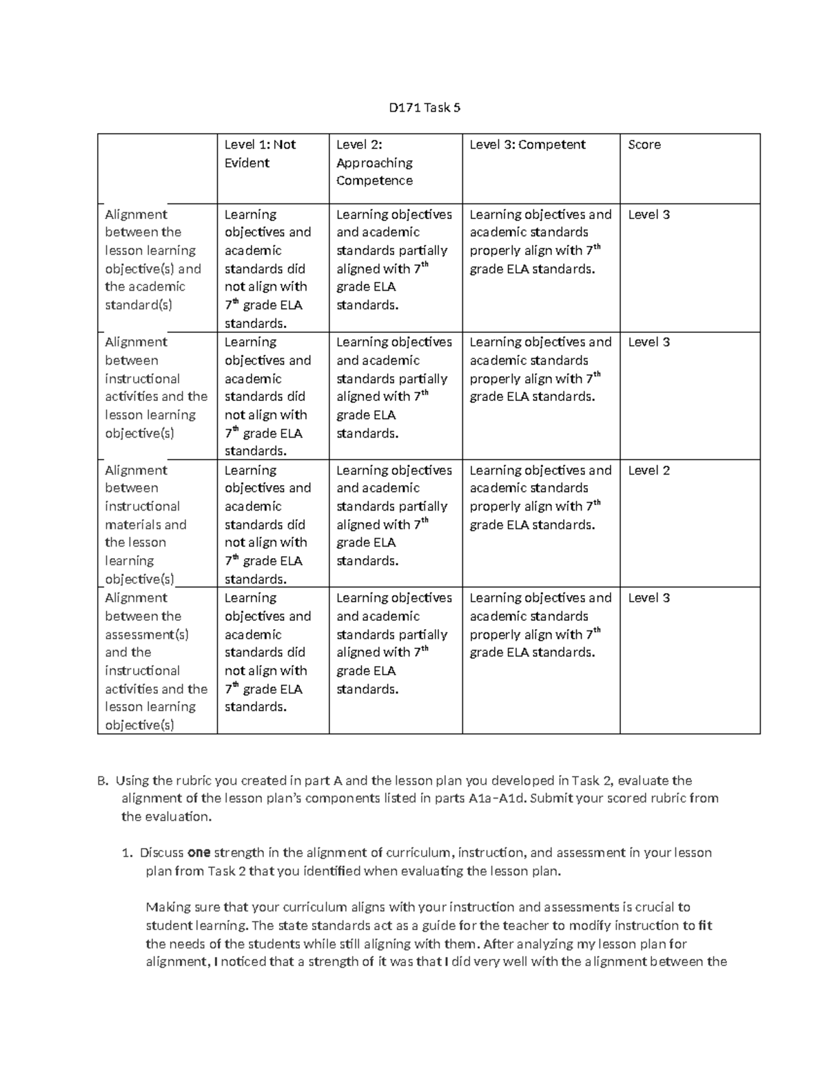 D171 Task 5 - Evaluation of Lesson Plan Alignment - D171 Task 5 Level 1: Not Evident Level 2 ...
