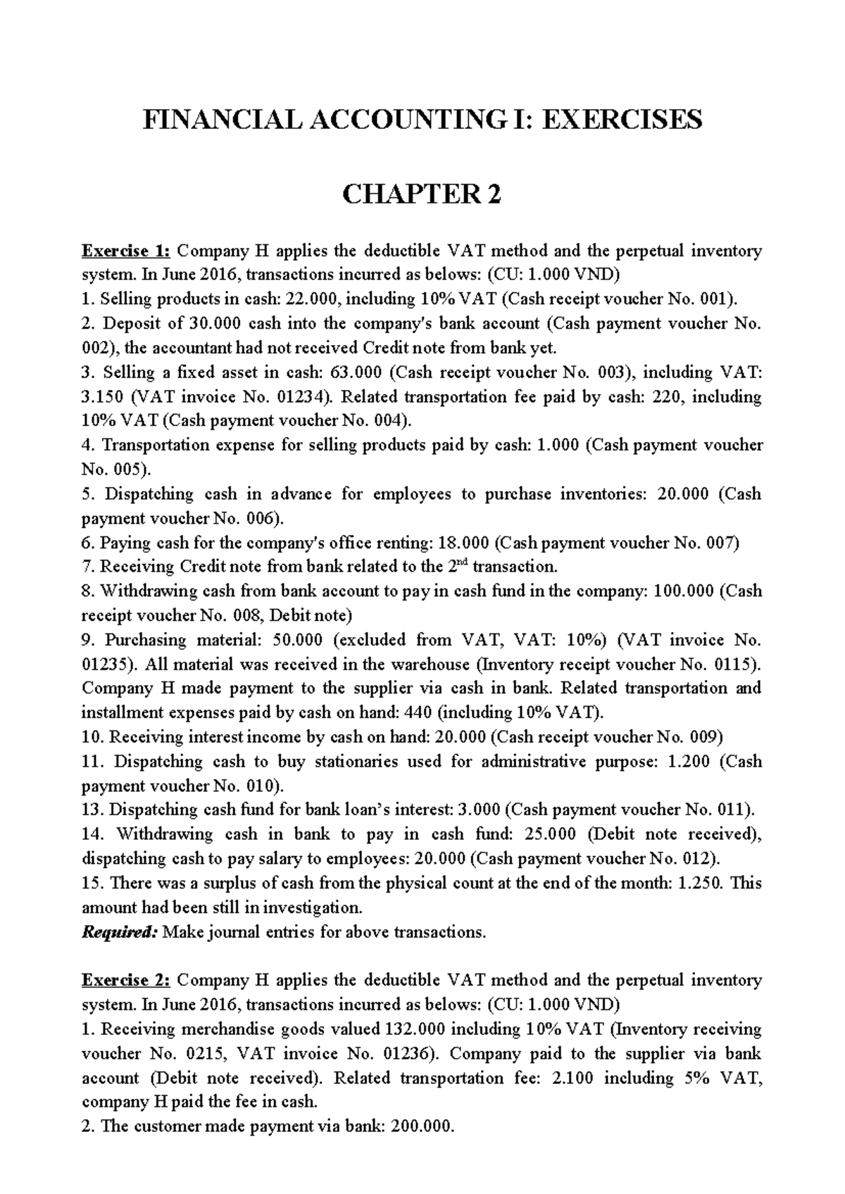 Bài tập gửi sv - Financial Accounting 1 in English - FINANCIAL ACCOUNTING I: EXERCISES CHAPTER 2 ...