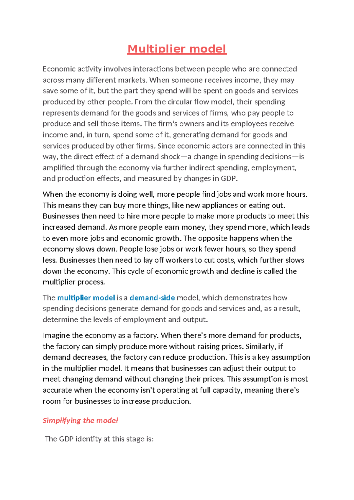 Multiplier model - Multiplier model Economic activity involves ...