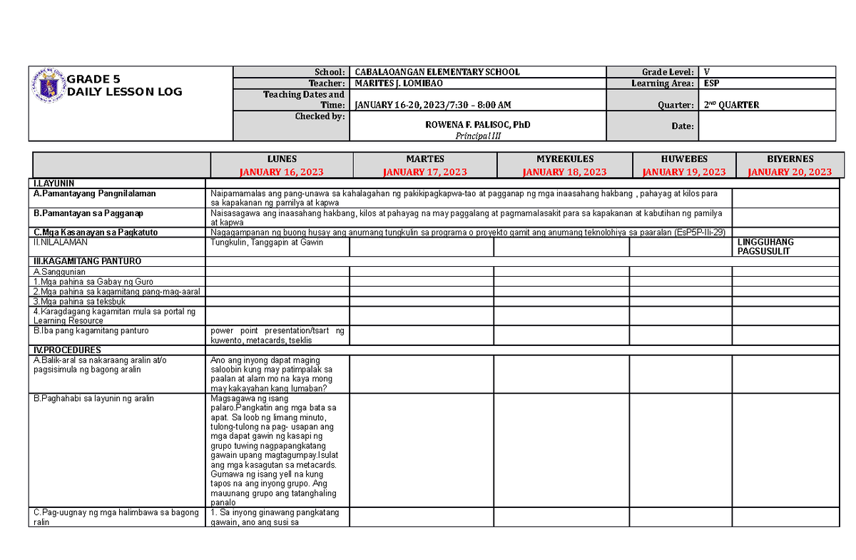 DLL ESP 5 Q2 W9 - LOVE - GRADE 5 DAILY LESSON LOG School: CABALAOANGAN ...
