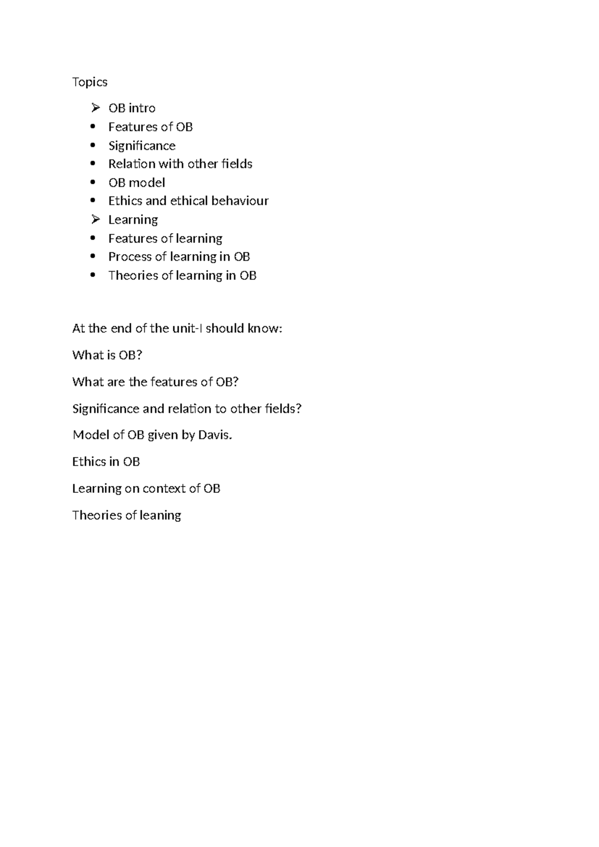 UNIT 1 - notes - schools of psychology - Topics OB intro Features of OB ...