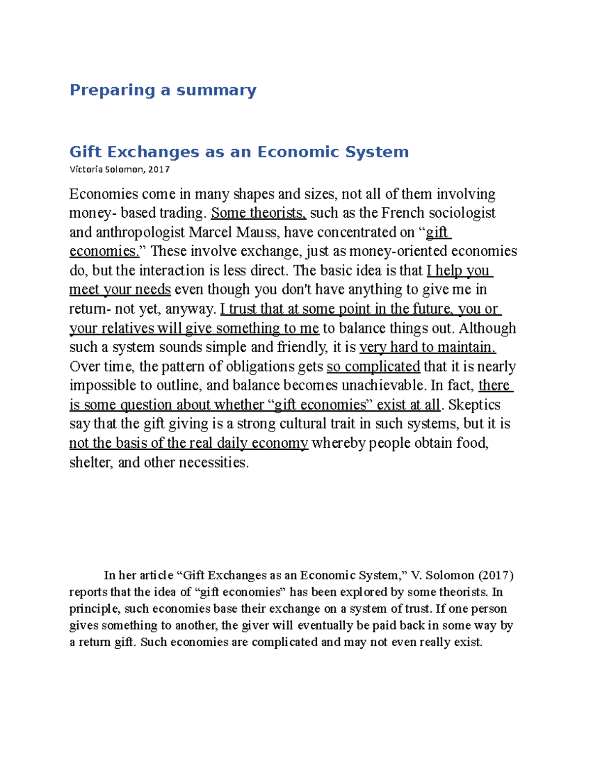 ESL 2361 &2121 Preparing a Summary Example - Preparing a summary Gift ...