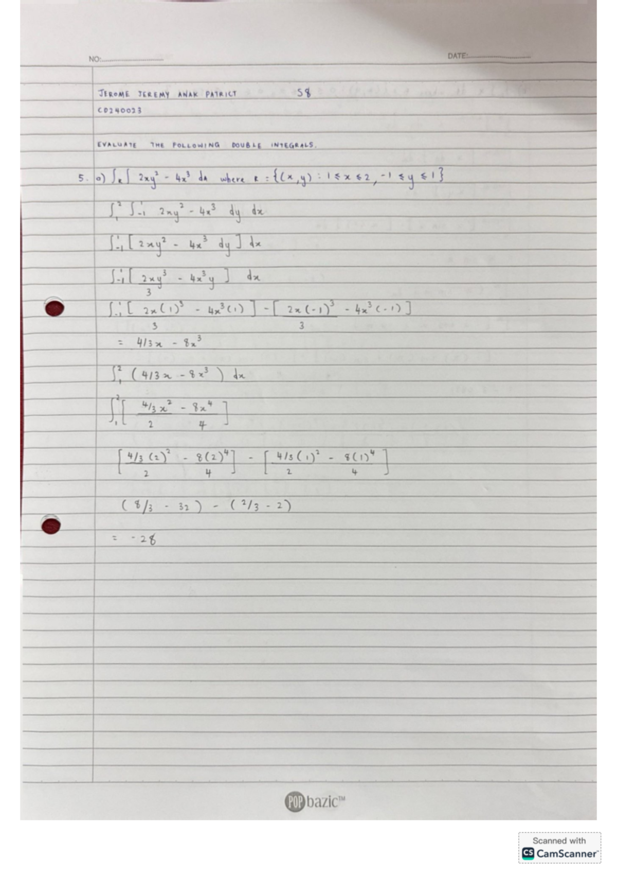 Double Integral exercises - DATE: NO: JEROME JEREMY ANAK PATRICT 58 ...