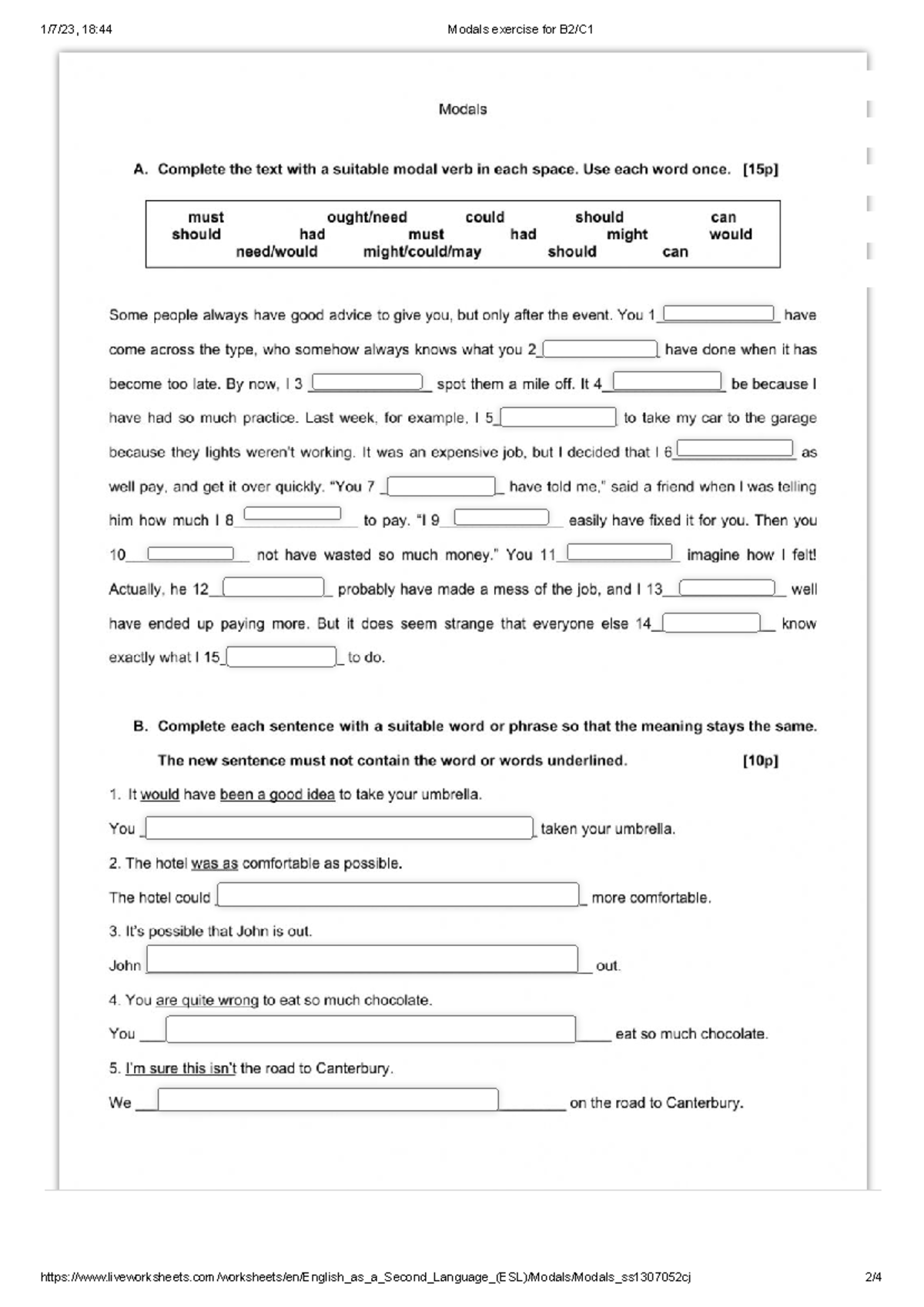 Modals exercise for B2 C1 - Inglés II - 1/7/23, 18:44 Modals exercise ...