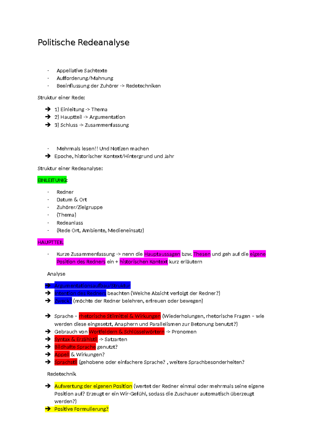 Politische Redeanalyse - Politische Redeanalyse Appellative Sachtexte ...