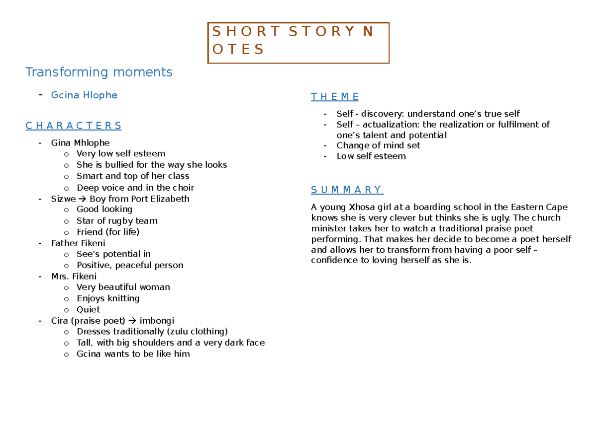 S H O R T S T O R Y N O T E S - Grade 12 ENGFA notes - Transforming ...
