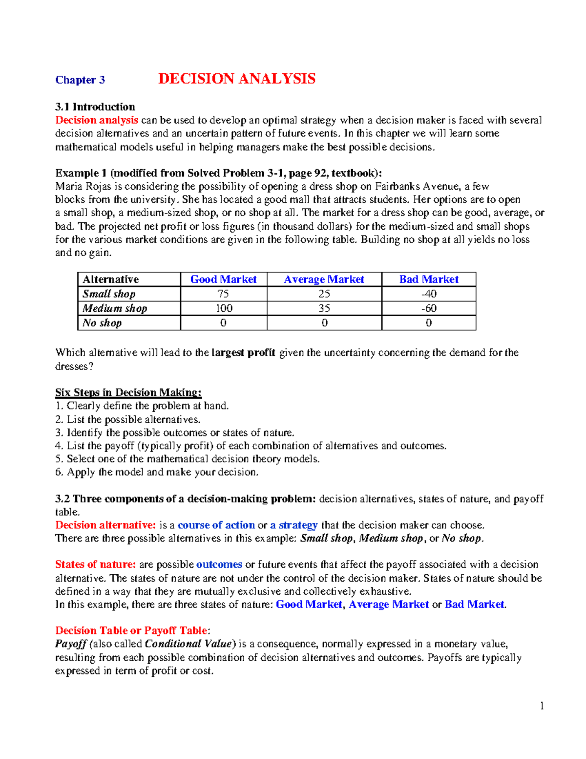 Unit 2 - Chapter 3 Note - Decision Analysis - Chapter 3 DECISION ...