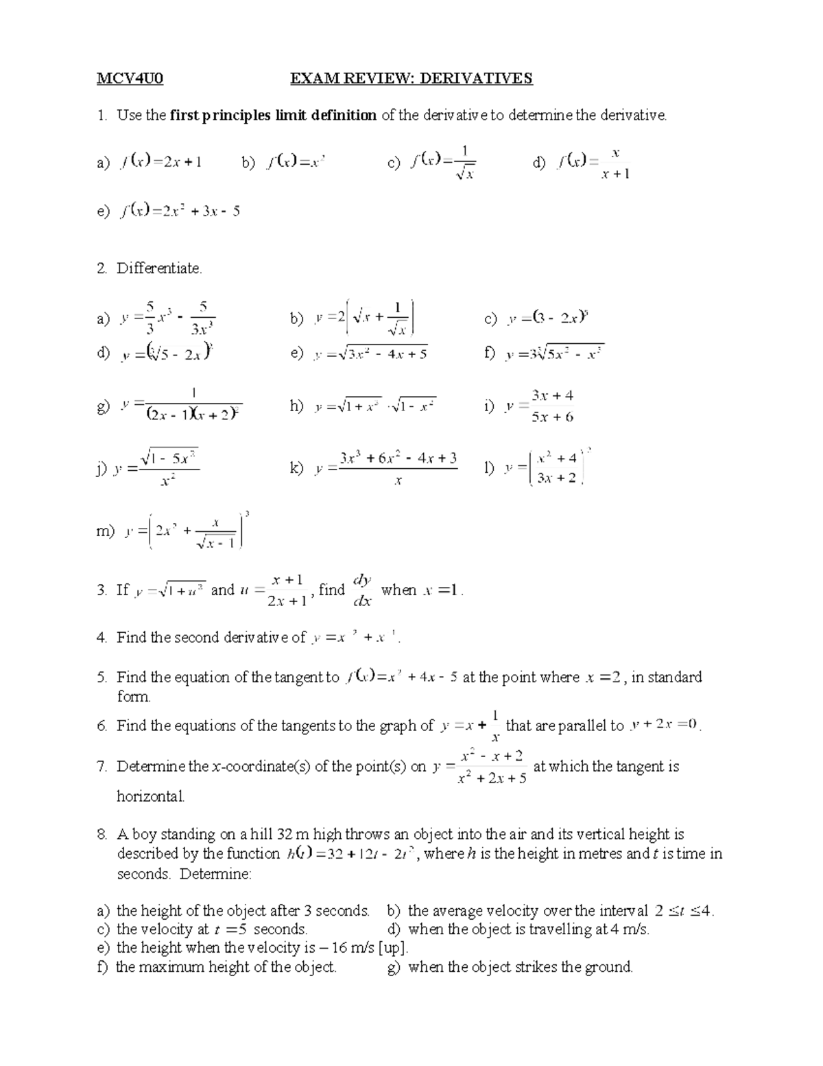 Exam Review Derivatives - MCV4U0 EXAM REVIEW: DERIVATIVES Use the first ...