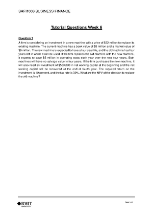 Questions week 8 - BAFI1008 BUSINESS FINANCE Page 1 of 1 Tutorial ...