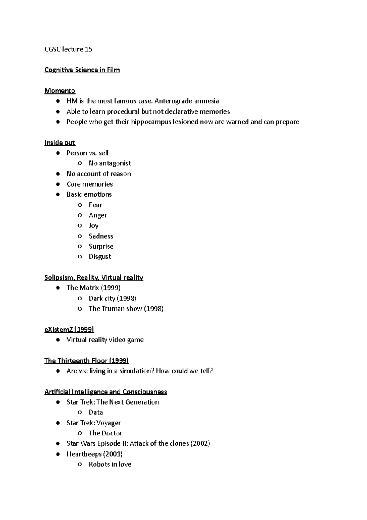 CGSC lecture 15 - CGSC lecture 15 Cognitive Science in Film Momento HM ...