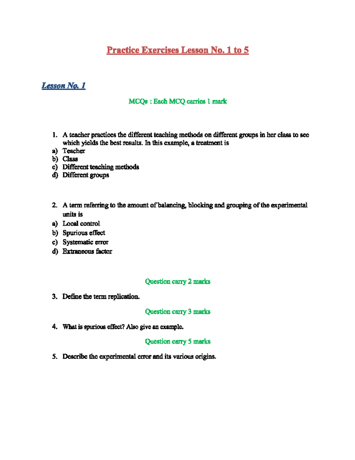 Sta408 practice ques 1 to 5 - experimental design analysis - Studocu
