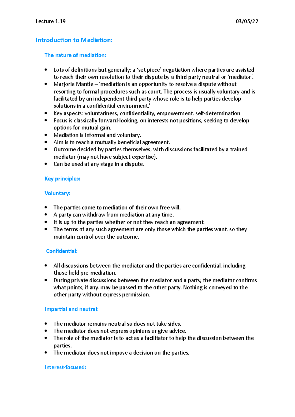 1.19 - Introduction to Mediation - Lecture 1 03/05/ Introduction to ...