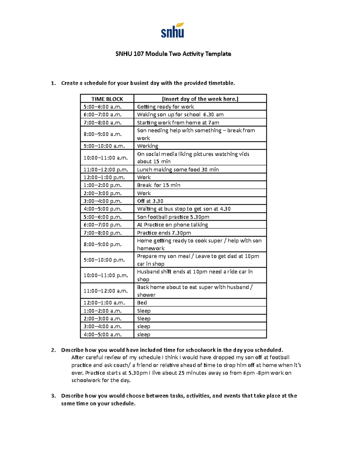 SNHU 107 Module Two Activity Template - Create a schedule for your ...