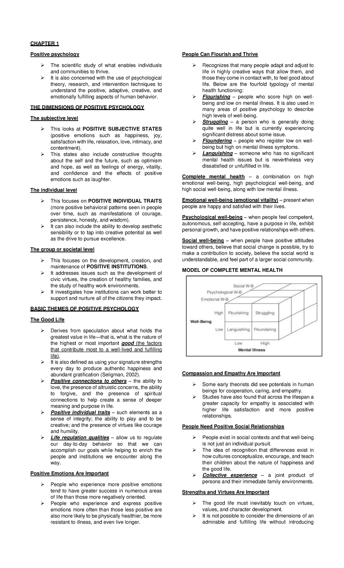 Midterm Reviewer Positive PSYC H - CHAPTER 1 Positive psychology The ...