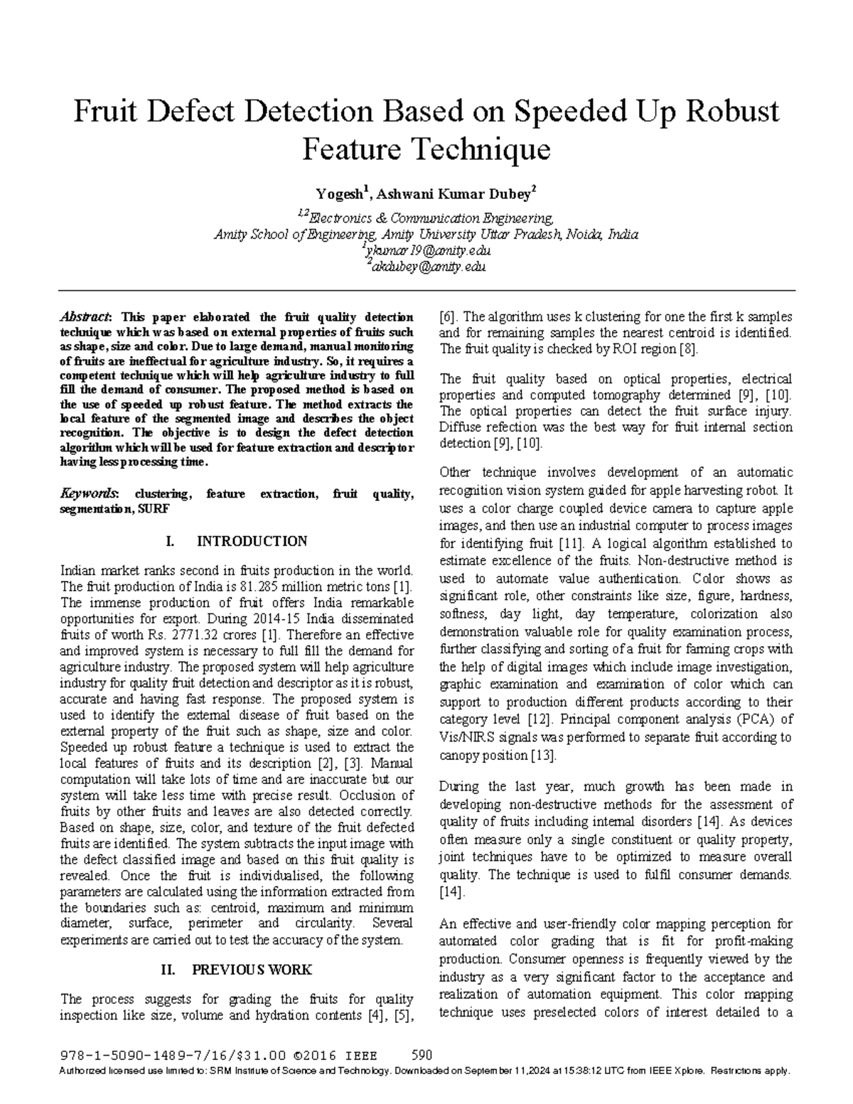 Fruit Defect Detection Based On Speeded Up Robust Feature Technique