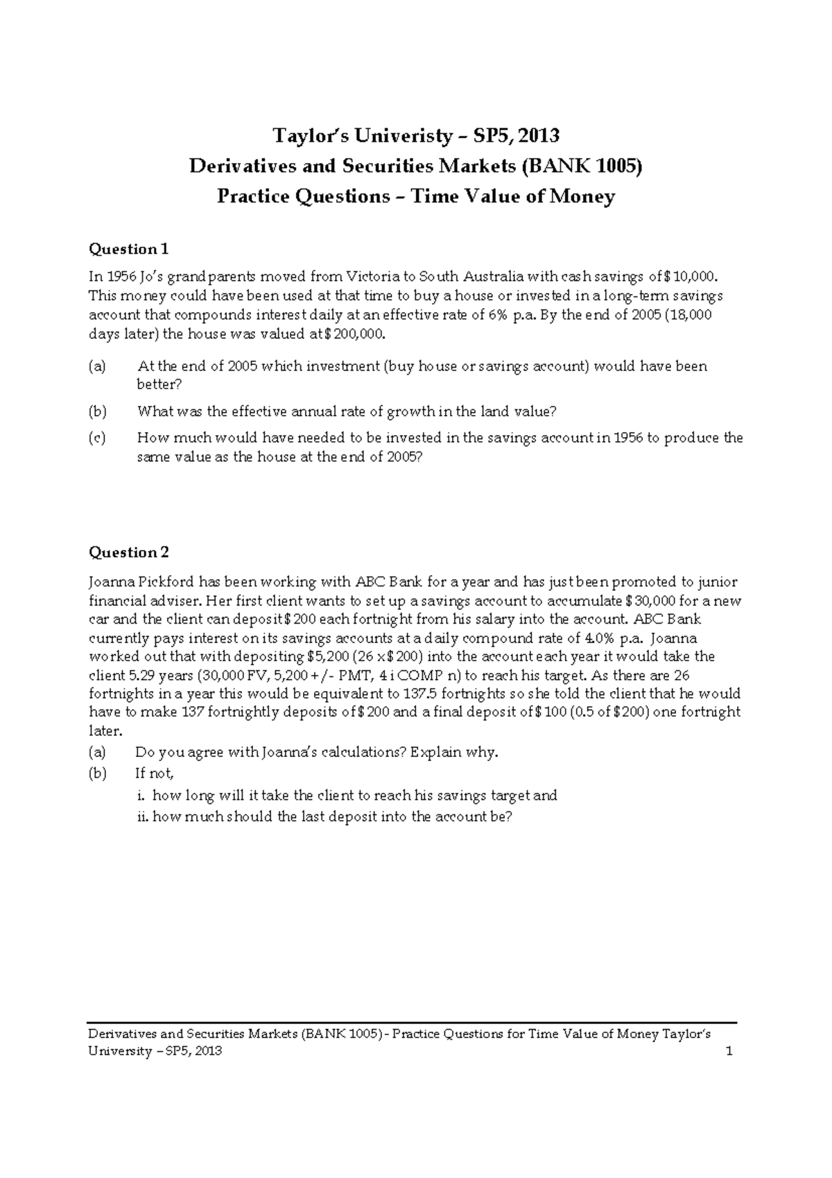 Tutorial work - exercise questions for TVM v2 - - Studocu