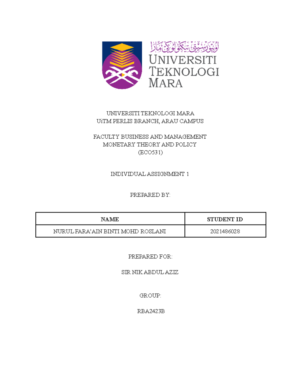 Assignment 1 Individual ECO531 Sem 3 - UNIVERSITI TEKNOLOGI MARA UiTM ...