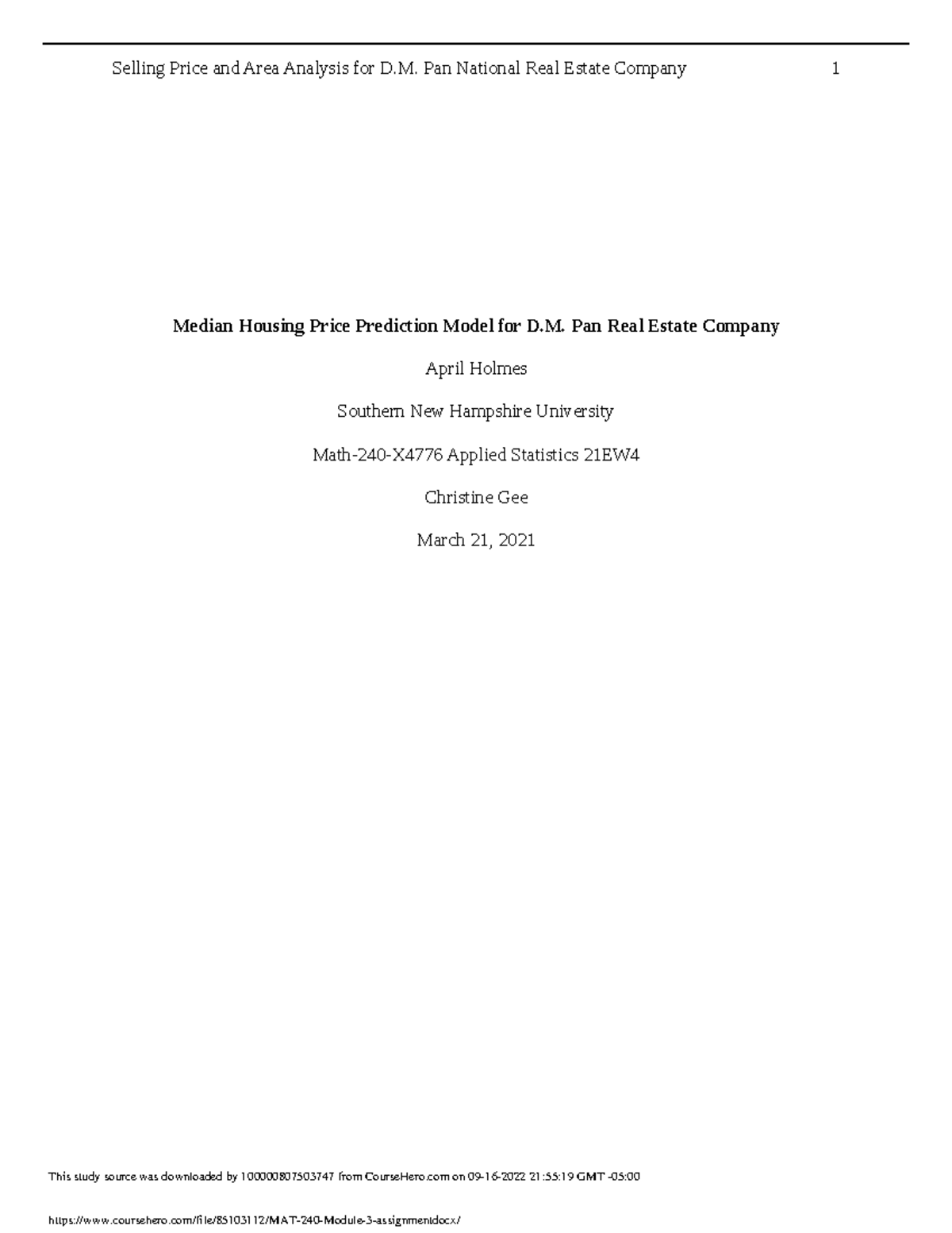 MAT 240 Module 3 assignment - Selling Price and Area Analysis for D ...