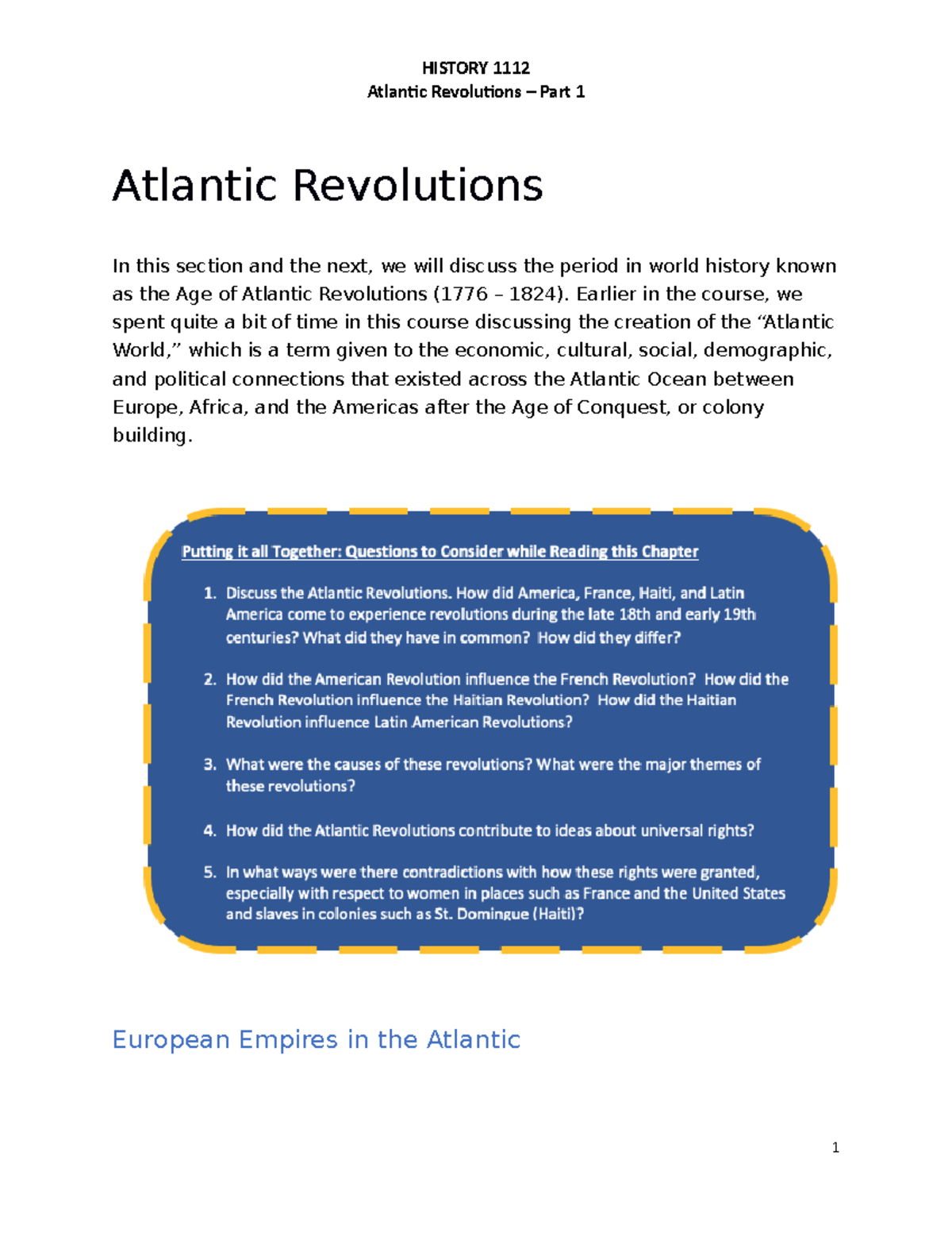 HIST 1112 - Atlantic Revolutions - Part 1 - Atlantic Revolutions – Part ...
