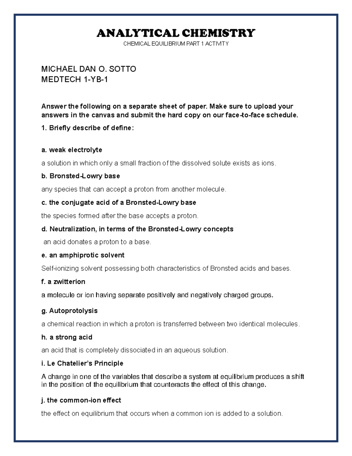 Chemical Equilibrium PART 1 Activity - ANALYTICAL CHEMISTRY CHEMICAL ...
