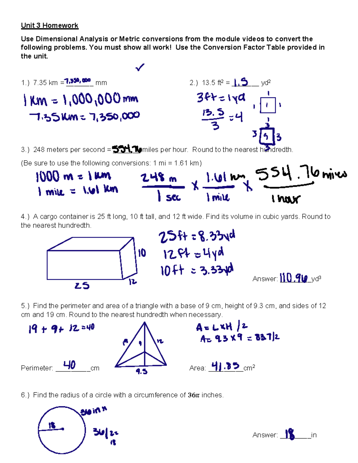 Math Unit 3 HW - Unit 3 Homework - Unit 3 Homework Use Dimensional ...