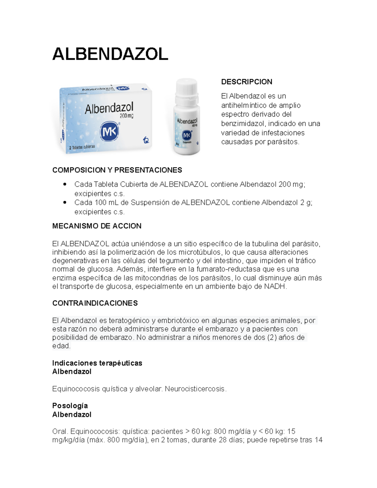Antihelminticos - ALBENDAZOL DESCRIPCION El Albendazol es un ...