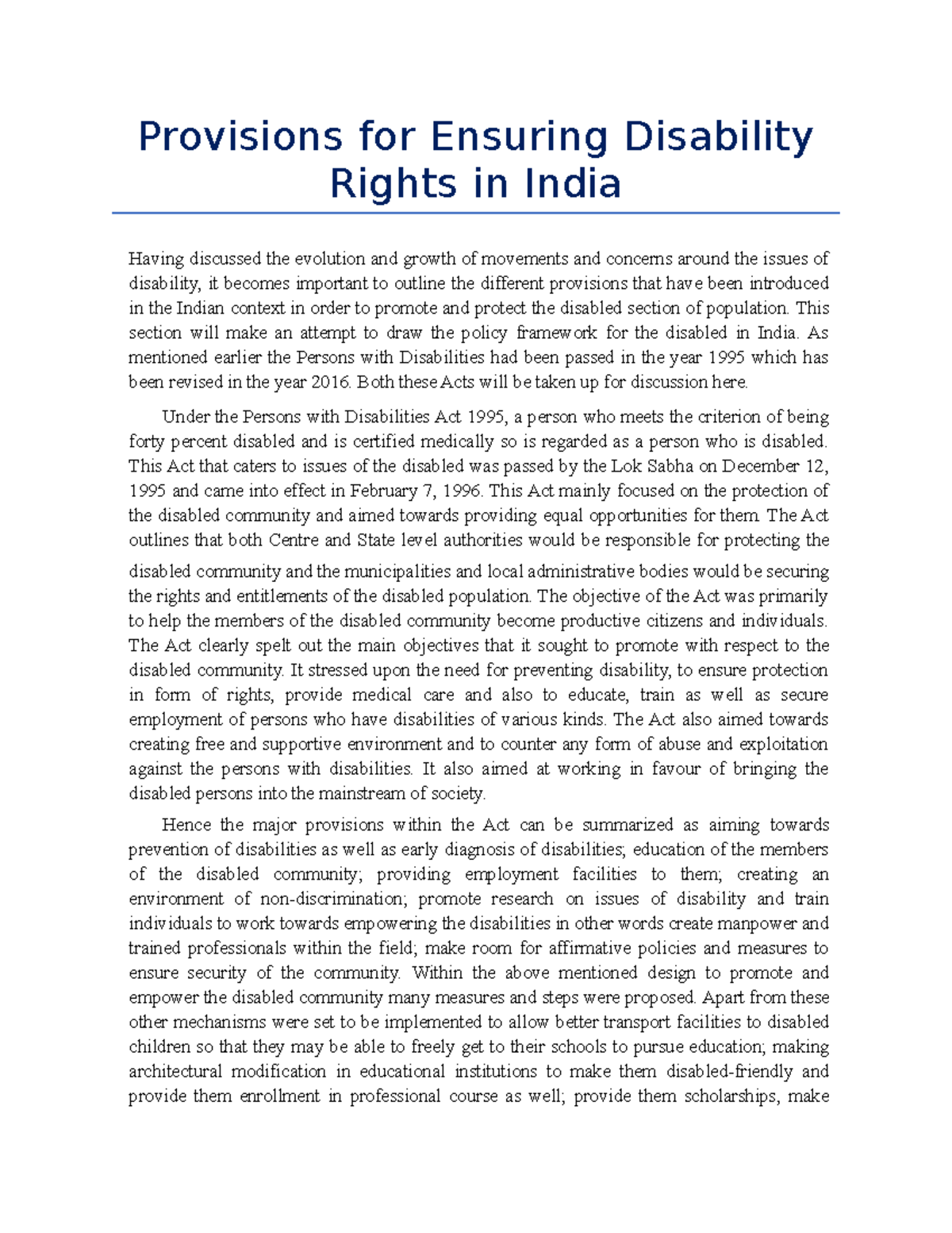 Provisions for Ensuring Disability Rights in India - Provisions for ...