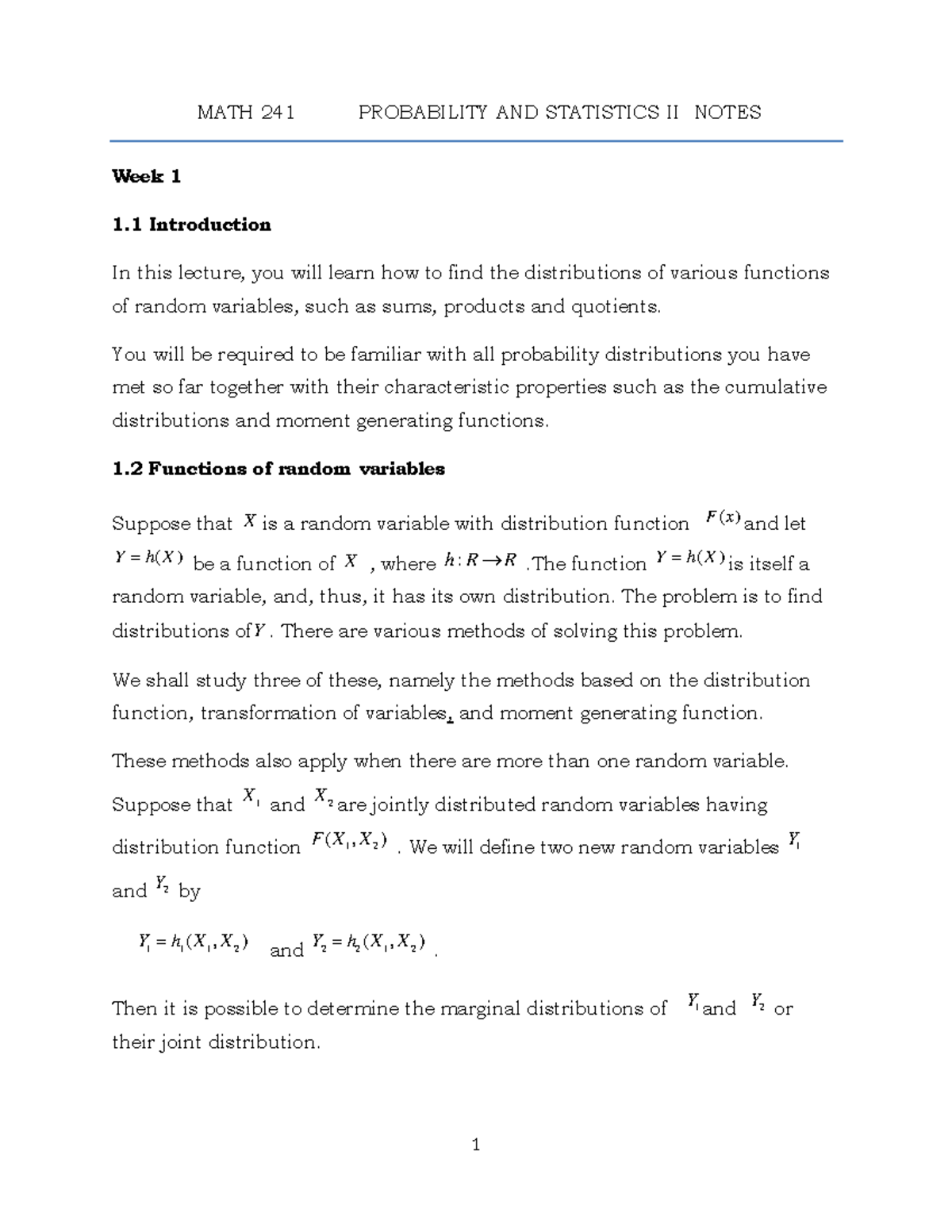 Math 241 notes - MATH 241 PROBABILITY AND STATISTICS II NOTES Week 1 1 ...