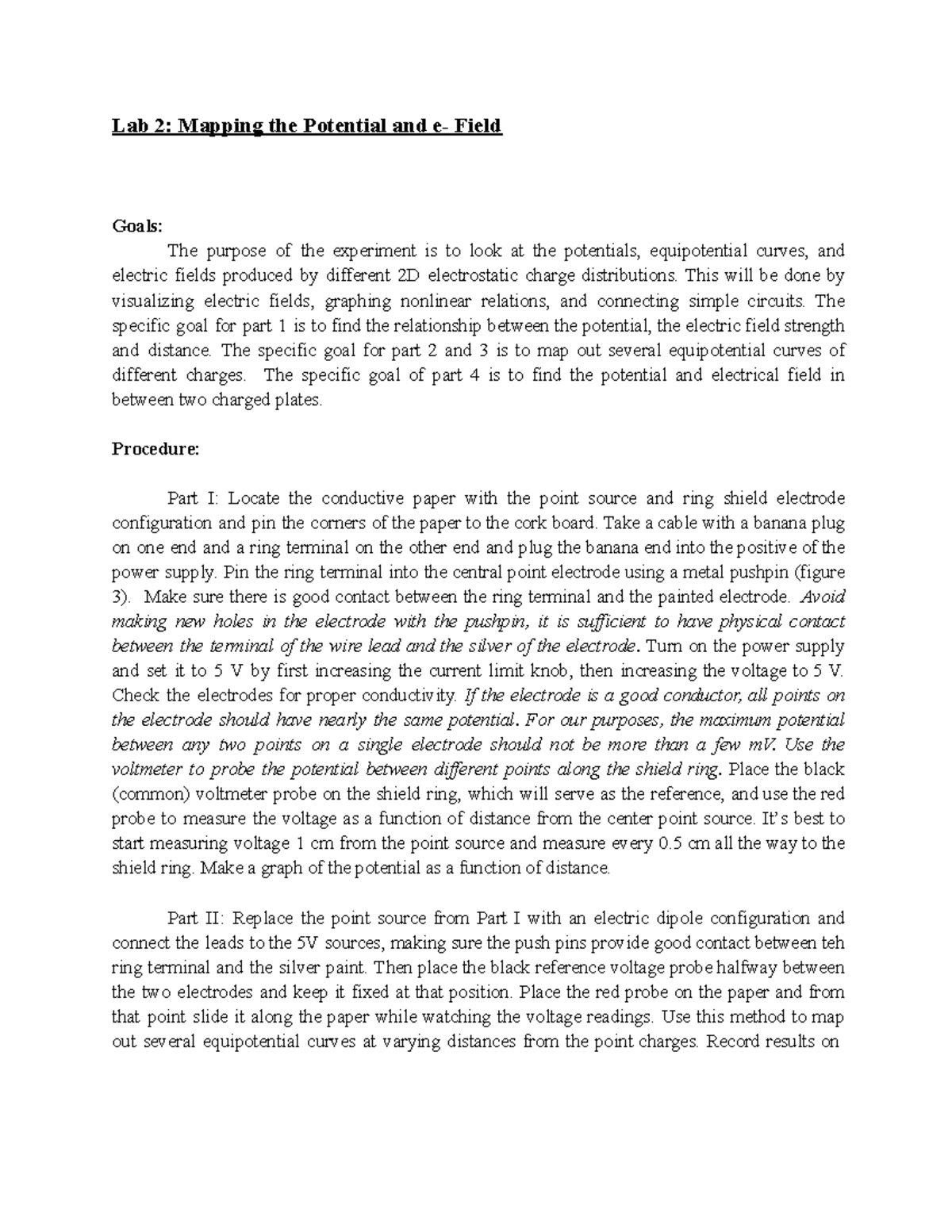 Lab 2 Mapping the Potential and e- Field - This will be done by ...