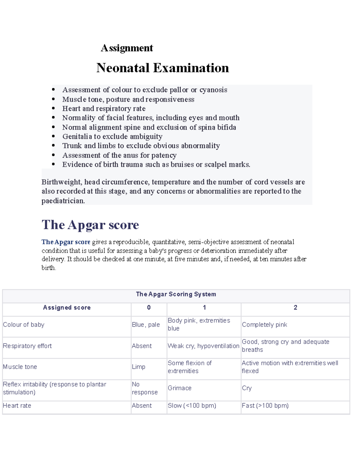 Document - Assignment Neonatal Examination Assessment of colour to ...